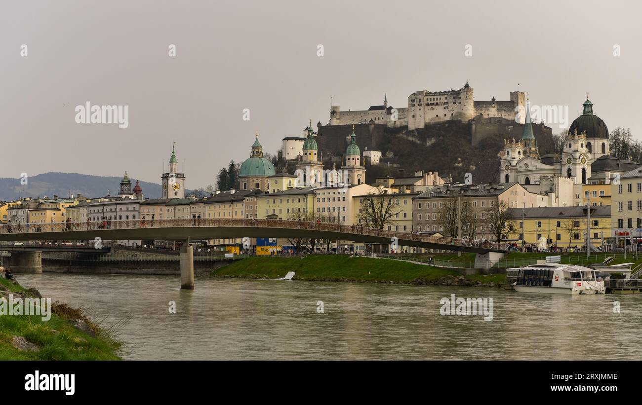 Old city of Salzburg and the Marko-Feingold-Steg bridge on Salzach ...