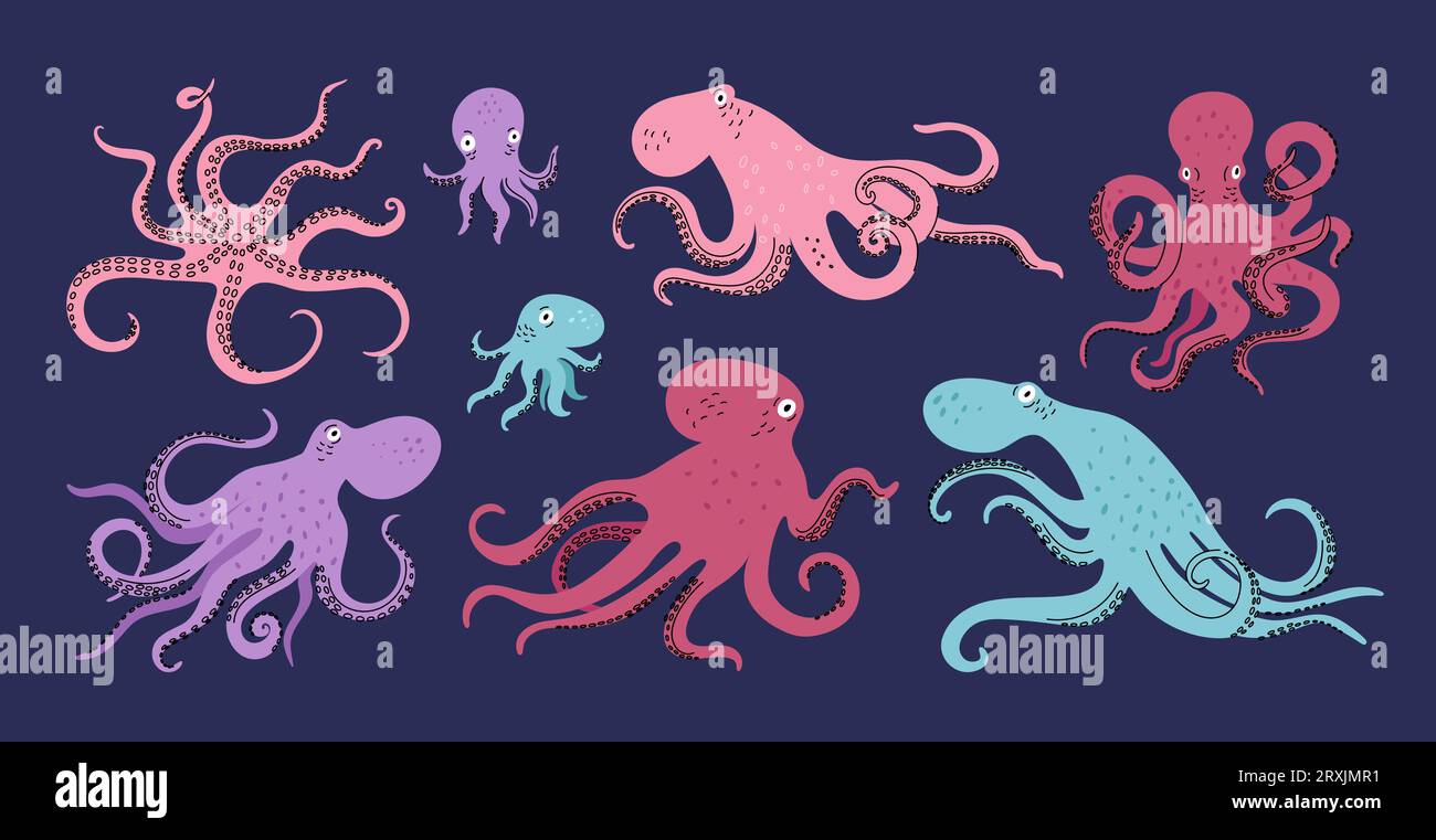 Color cartoon octopuses. Funny marine invertebrate animals. Cute ...