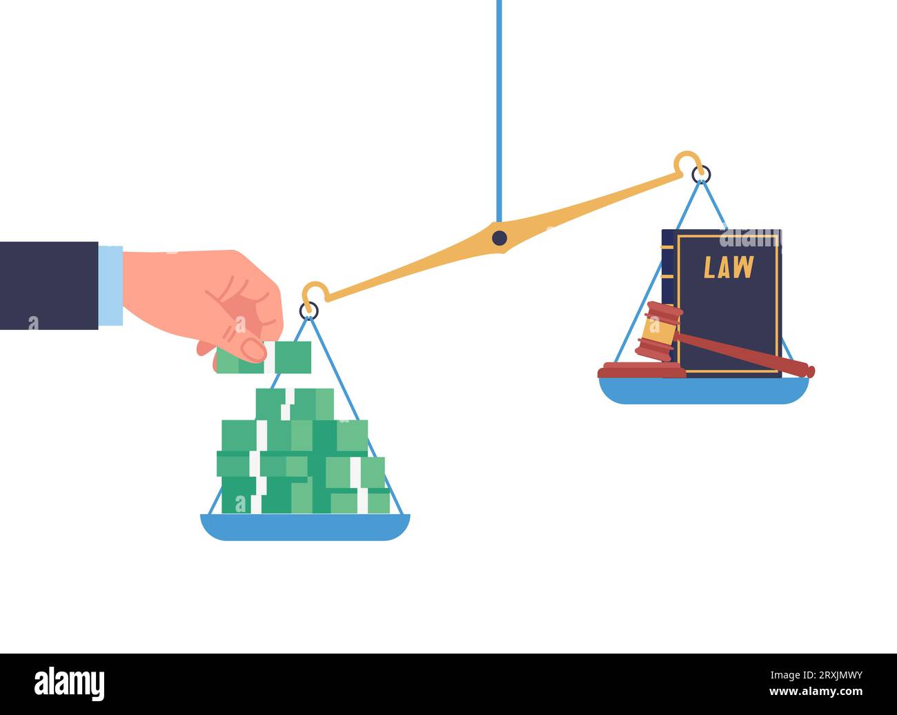 Corruption in legal system. Hand puts money on scales. Law book or ...