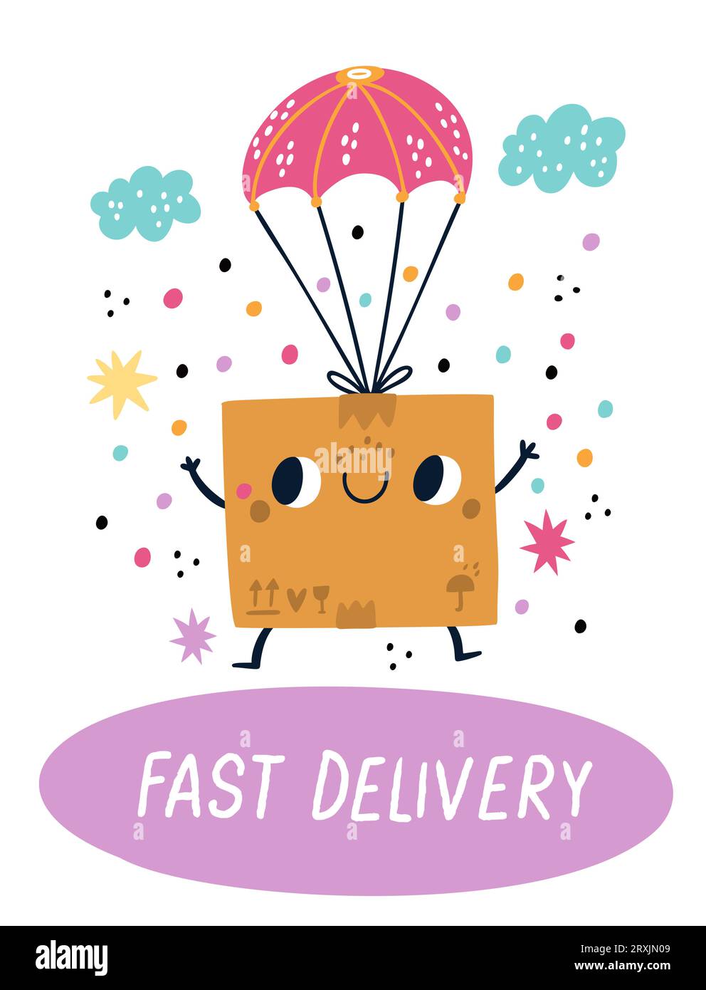 Delivery box poster. Cardboard container flying on parachute. Cartoon ...