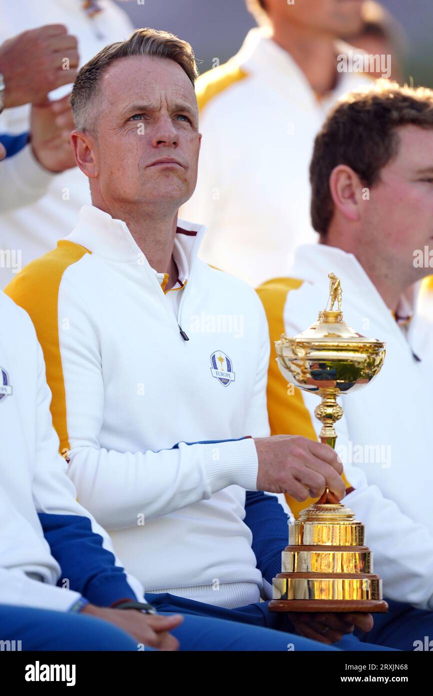 Team Europe Captain Luke Donald holds the Ryder Cup trophy during a ...