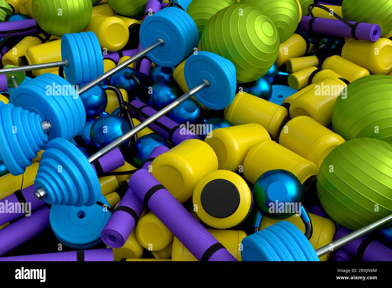 Pile of sport equipment like sport shaker, water bottles, barbell ...