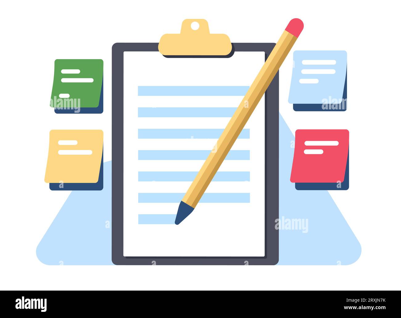 Notebook with list and pencil. Tablet with paper sheets. Sticky ...