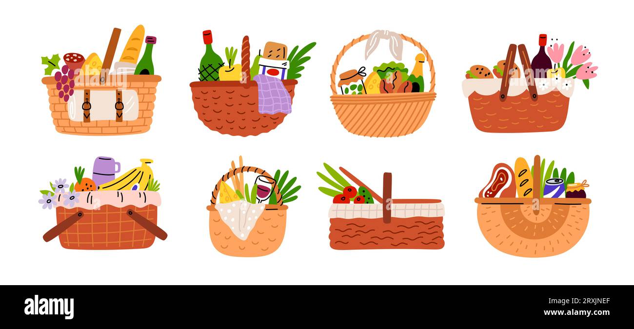 Picnic baskets with food. Cartoon wicker containers full of delicious ...