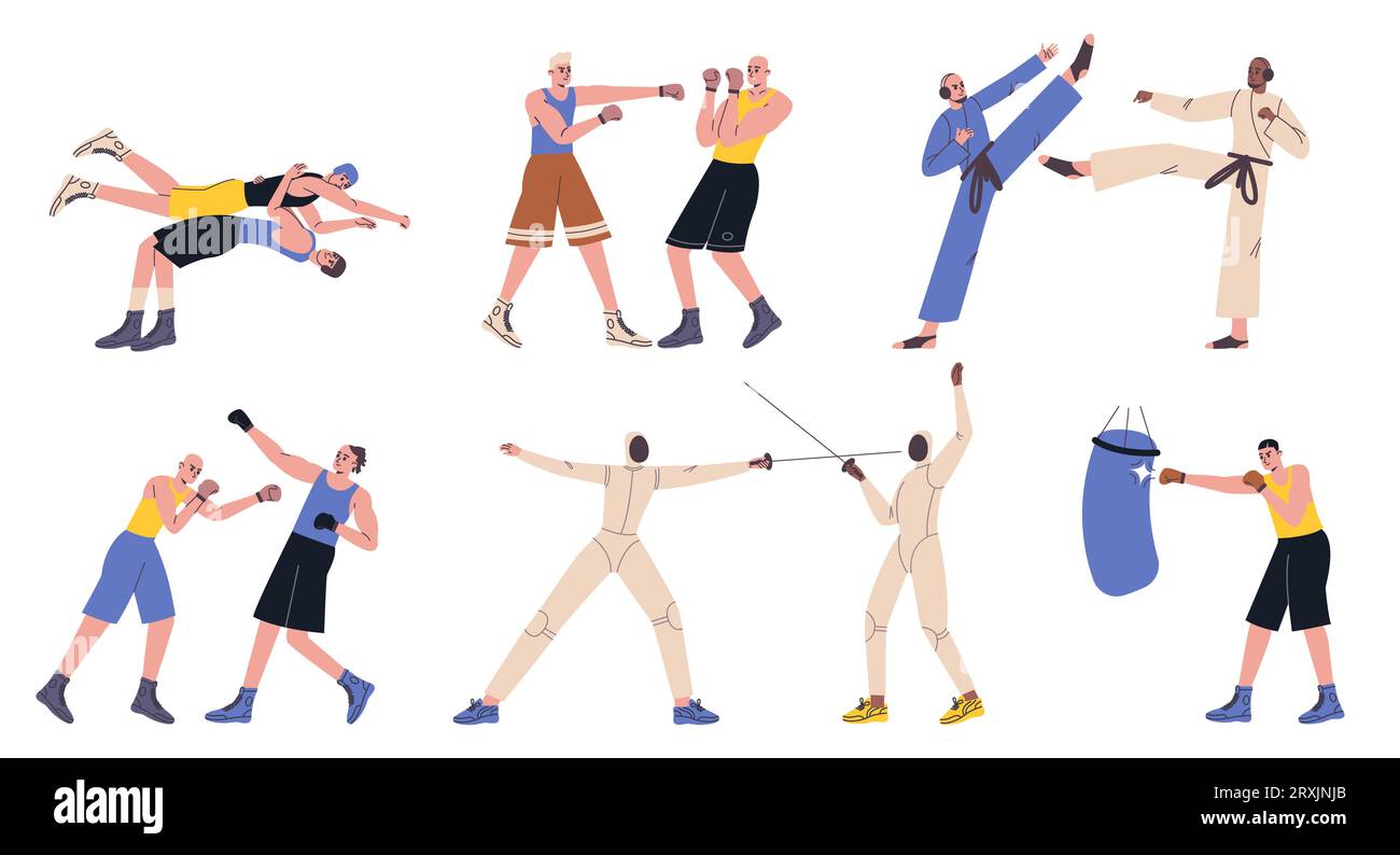 Sparring people. Boxers and fencers. Men punching and kicking with ...