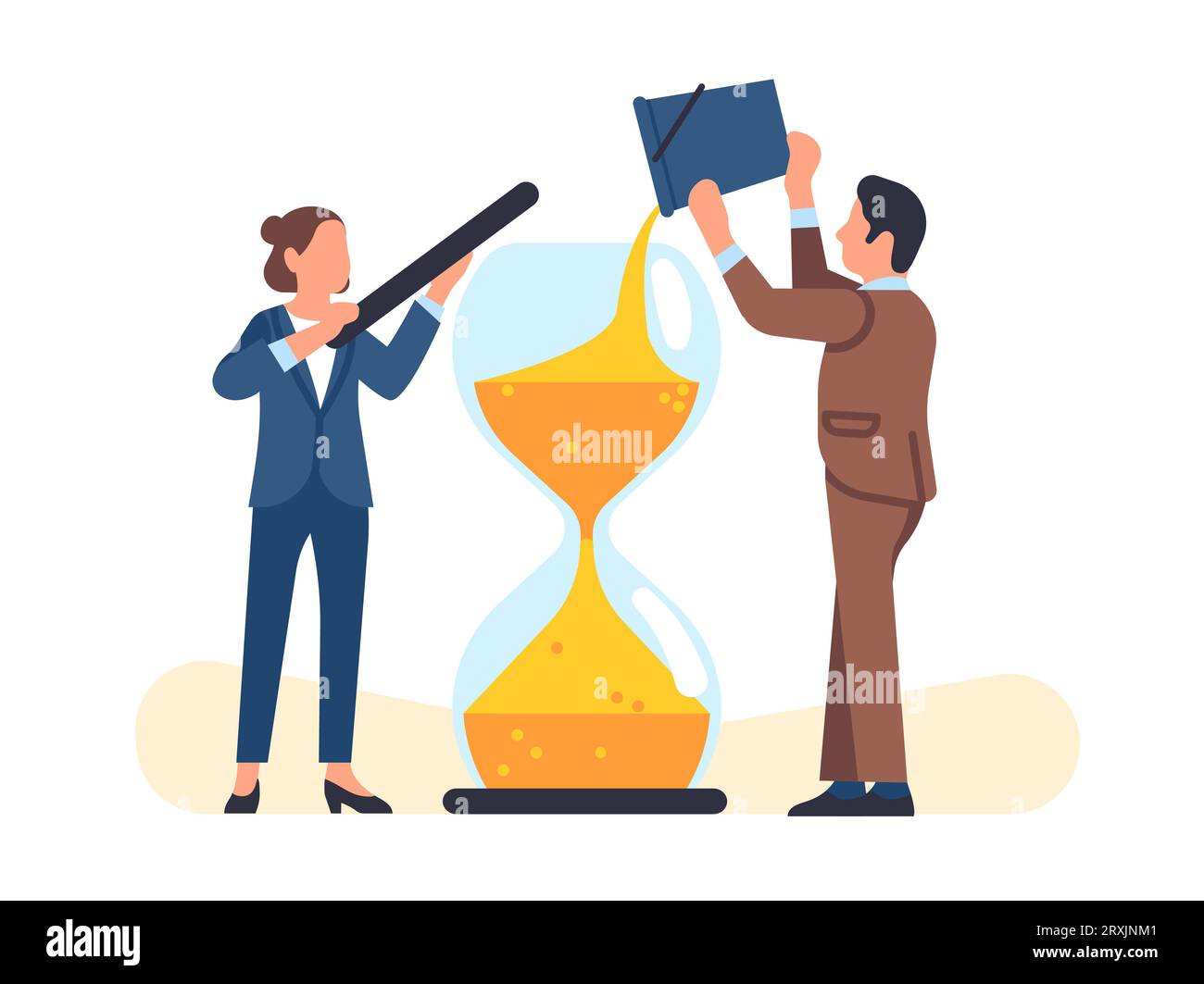 Time management. People add sand to hourglass. Businessman controlling ...