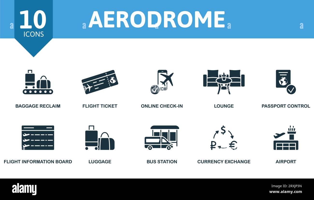 Aerodrome set. Creative icons: baggage reclaim, flight ticket, online ...