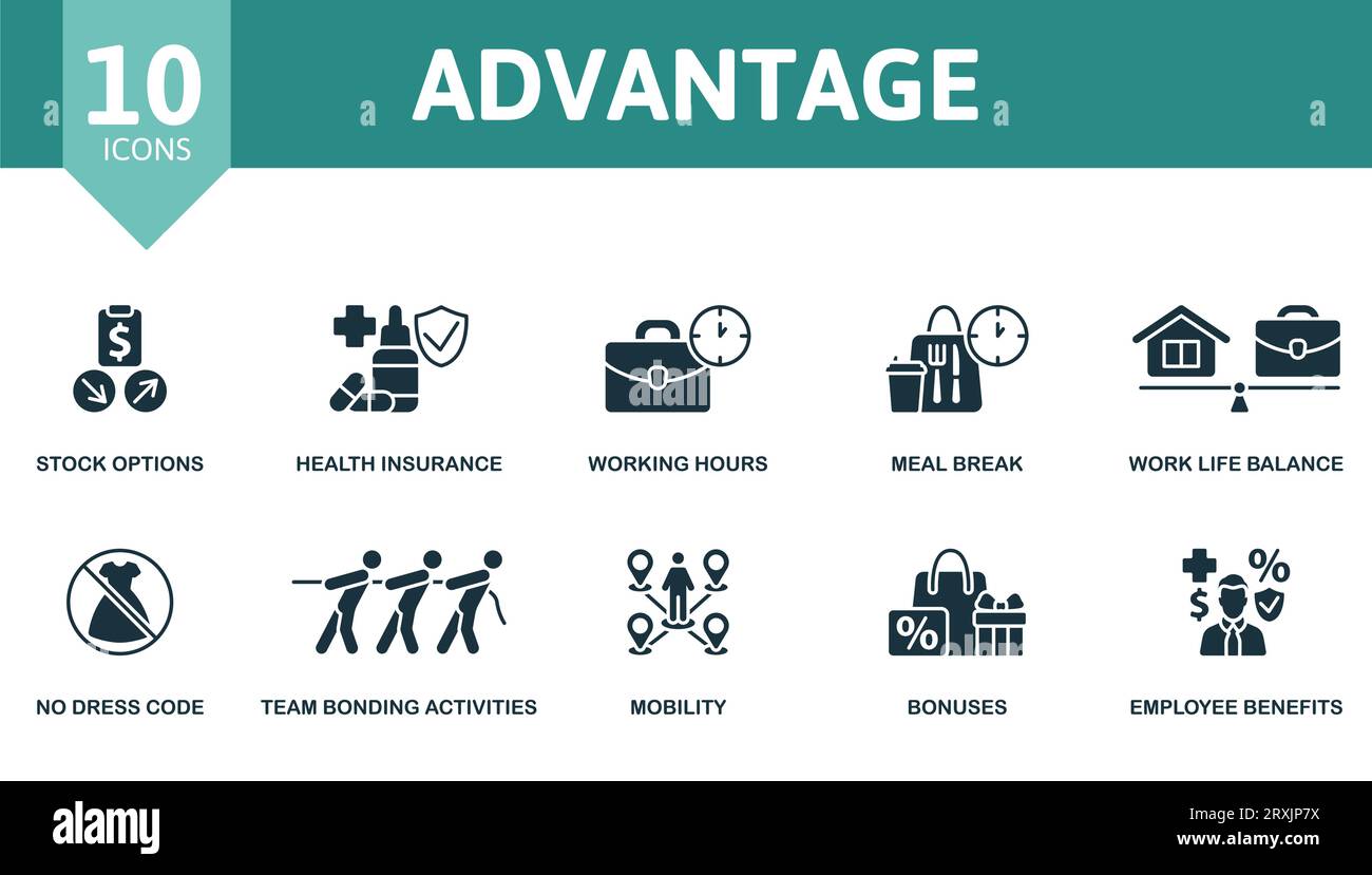 Advantage set. Creative icons: stock options, health insurance, working ...