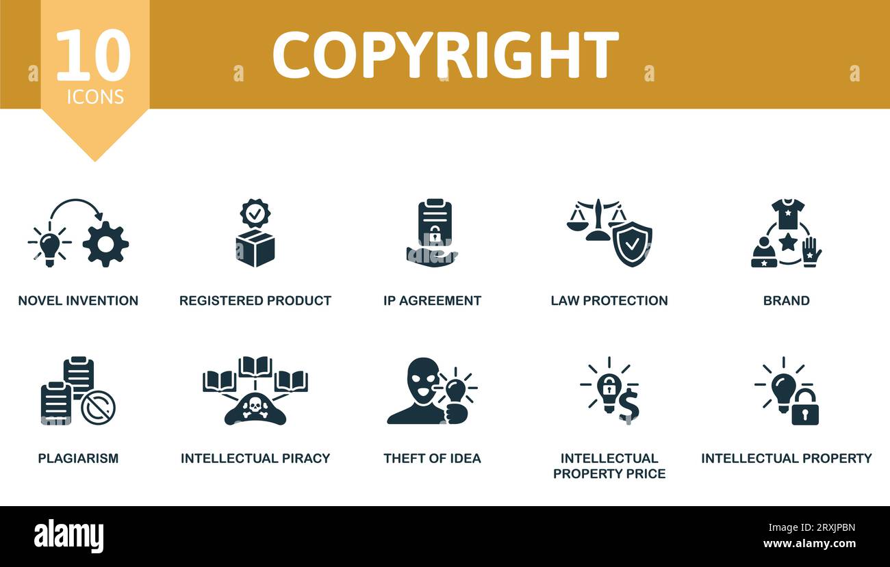 Copyright set. Creative icons: novel invention, registered product, ip ...
