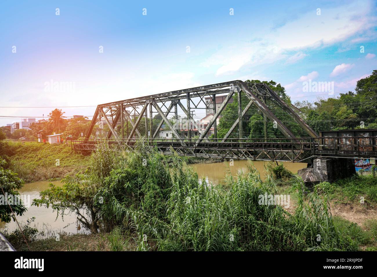 Vintage rusty old railway bridge over the river Stock Photo - Alamy