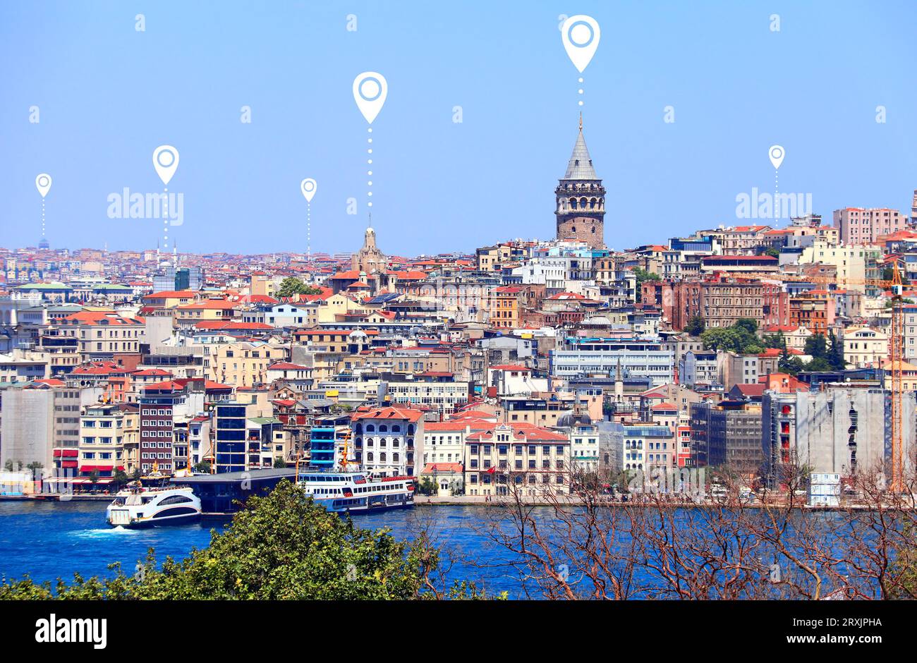 Network connection concept. Aerial view on Istanbul with location pin ...