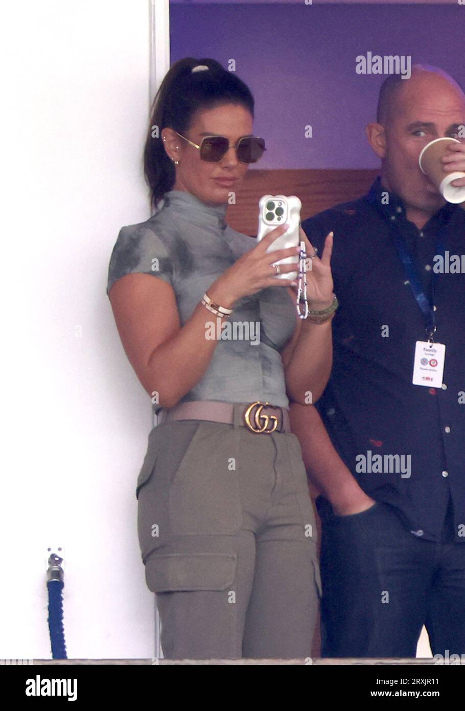 Rebekah Vardy watches husband Jamie Vardy (LC) at the Leicester City v ...