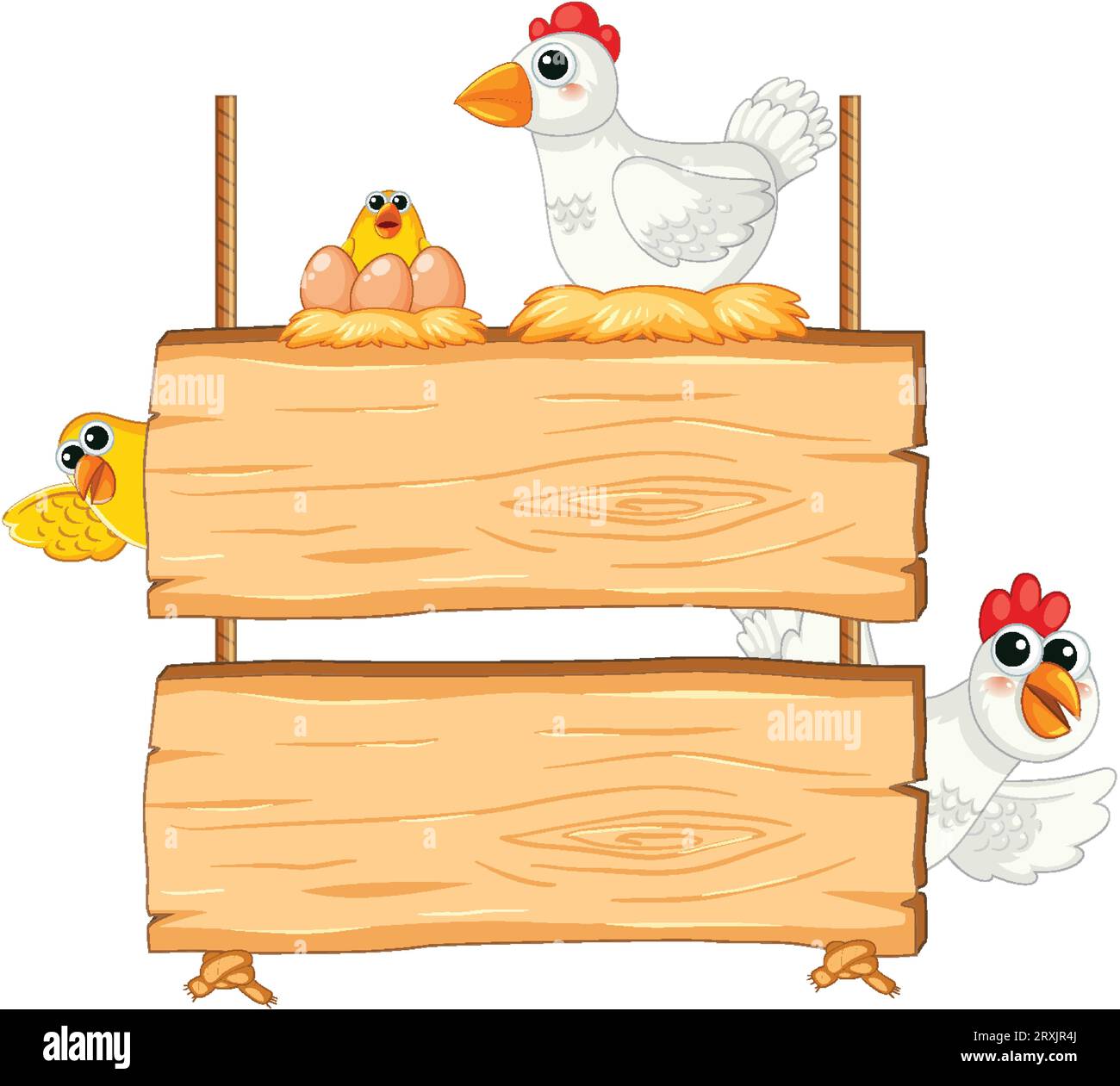 Vector cartoon illustration of a hen, eggs, and chick standing on a ...