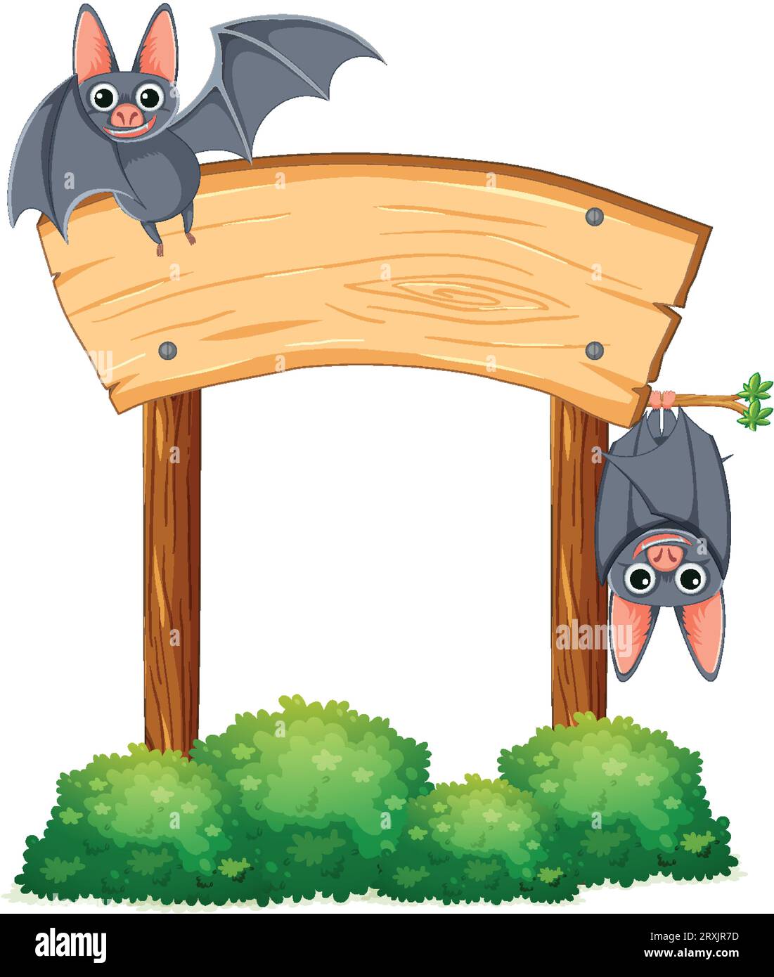 Vector cartoon illustration of bats flying and hanging on a wooden sign ...