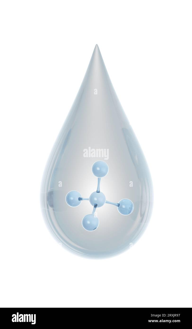 Transparent water drop with molecule inside, 3d rendering. Digital ...