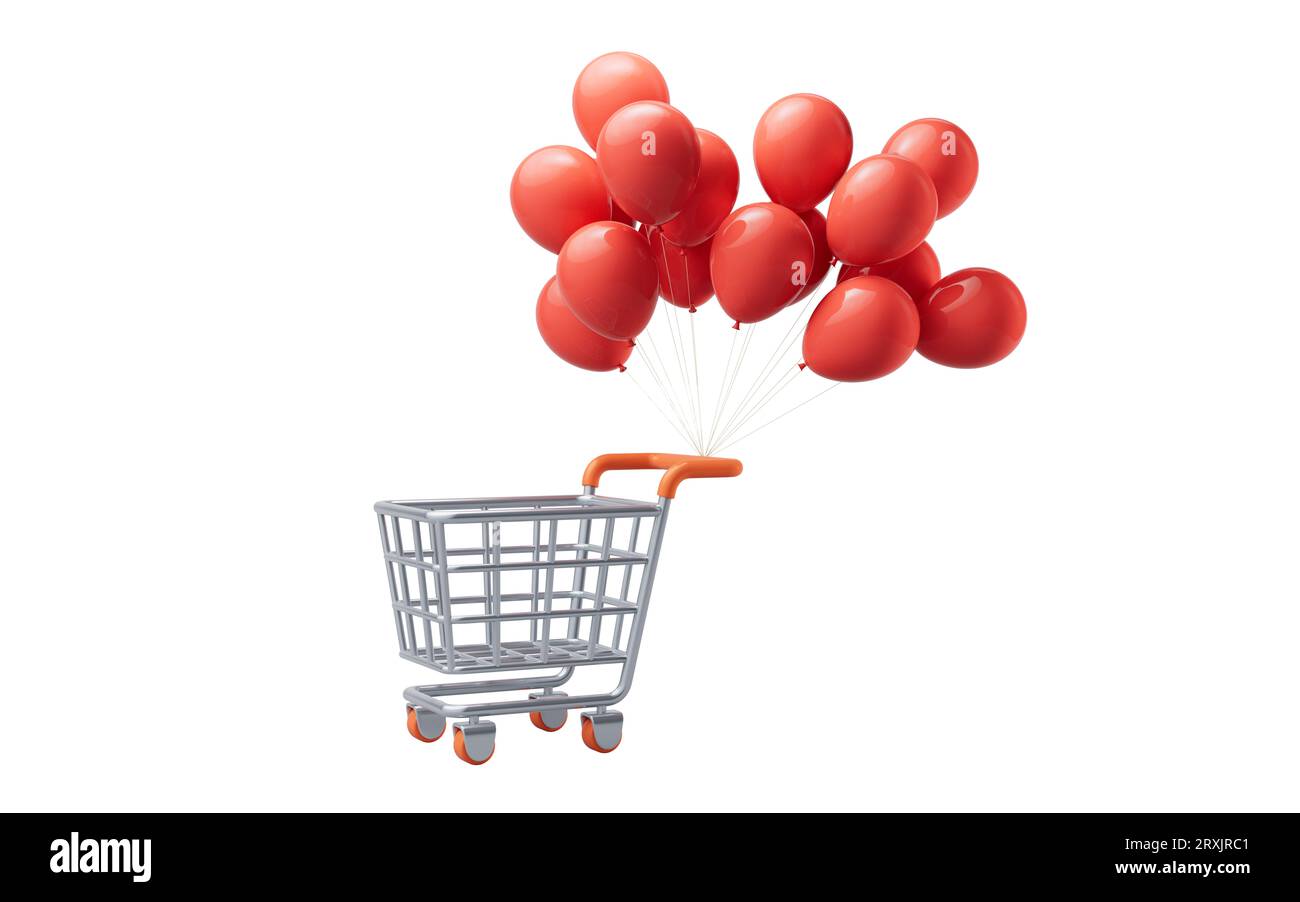 Cartoon shopping cart and balloons, 3d rendering. Digital drawing Stock ...