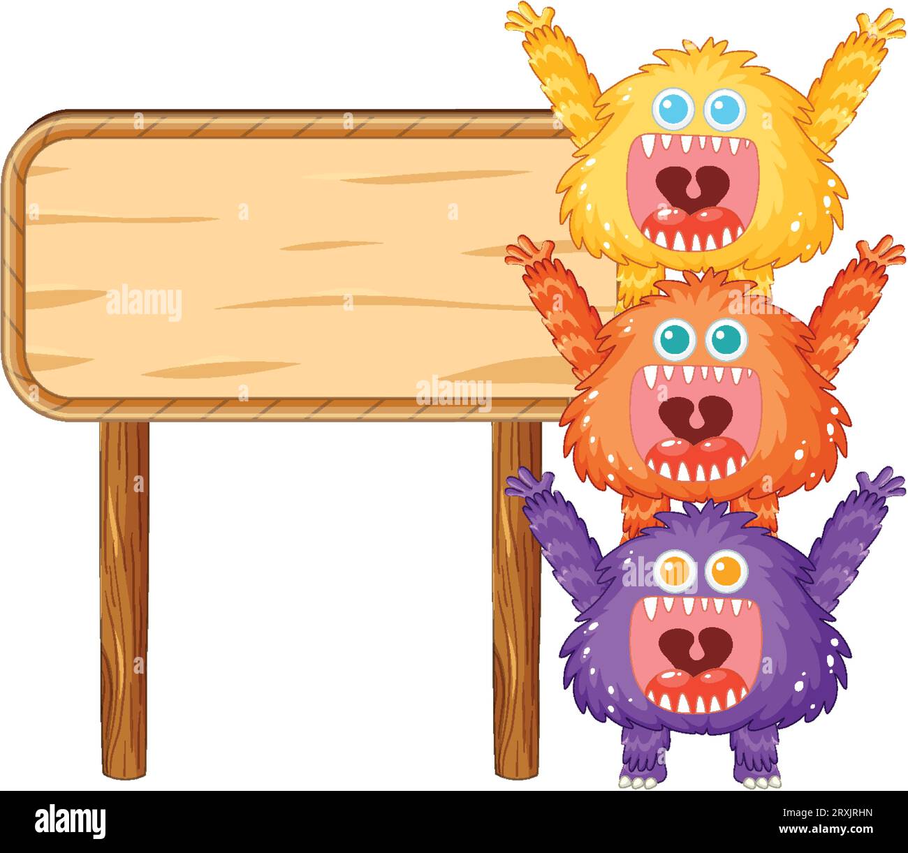 A group of adorable monsters happily holding a wooden sign board banner ...