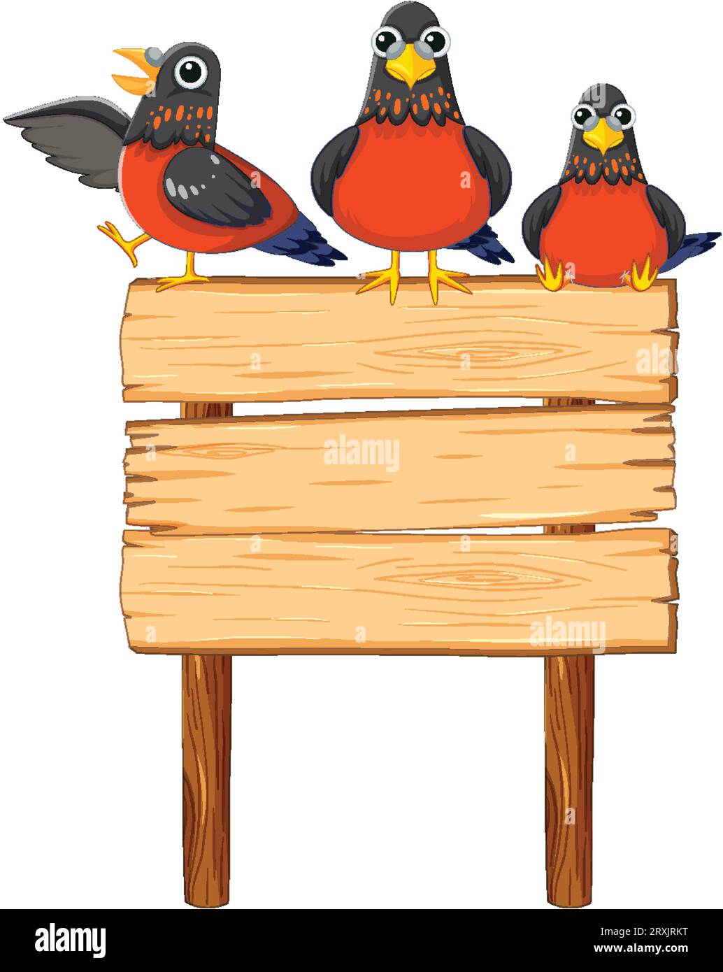 Colorful cartoon birds perched on a wooden signboard banner Stock ...