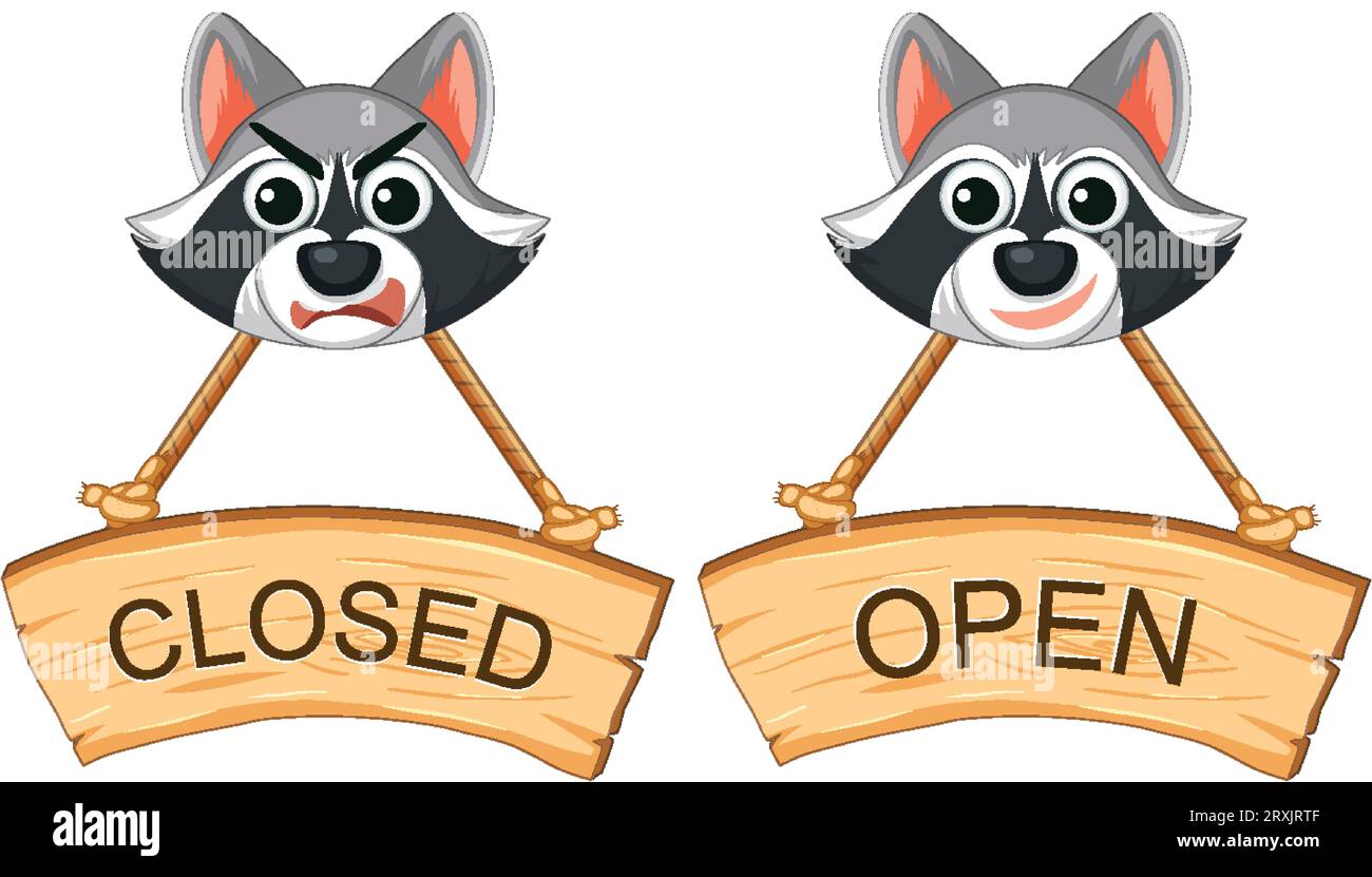 A whimsical raccoon-themed sign banner for indicating open and closed ...