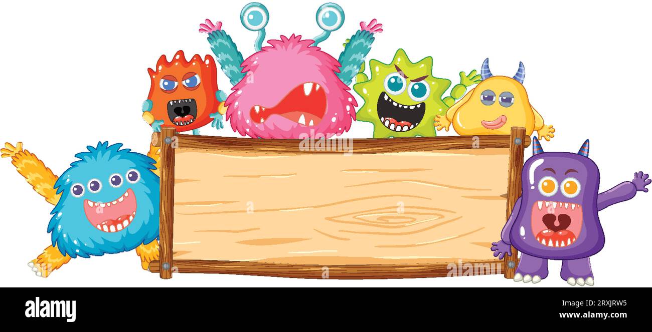Cheerful monster characters posing with a wooden sign board Stock ...