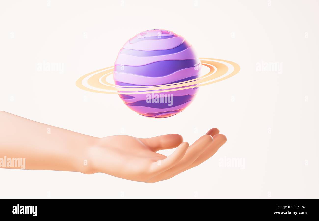 A planet in a hand, 3d rendering. Digital drawing Stock Photo - Alamy
