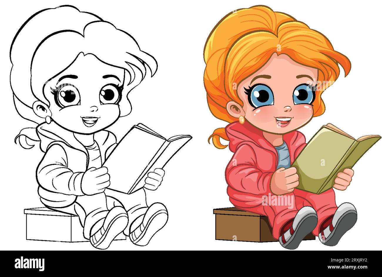 Cute Girl Reading Book Outline for Colouring illustration Stock Vector ...
