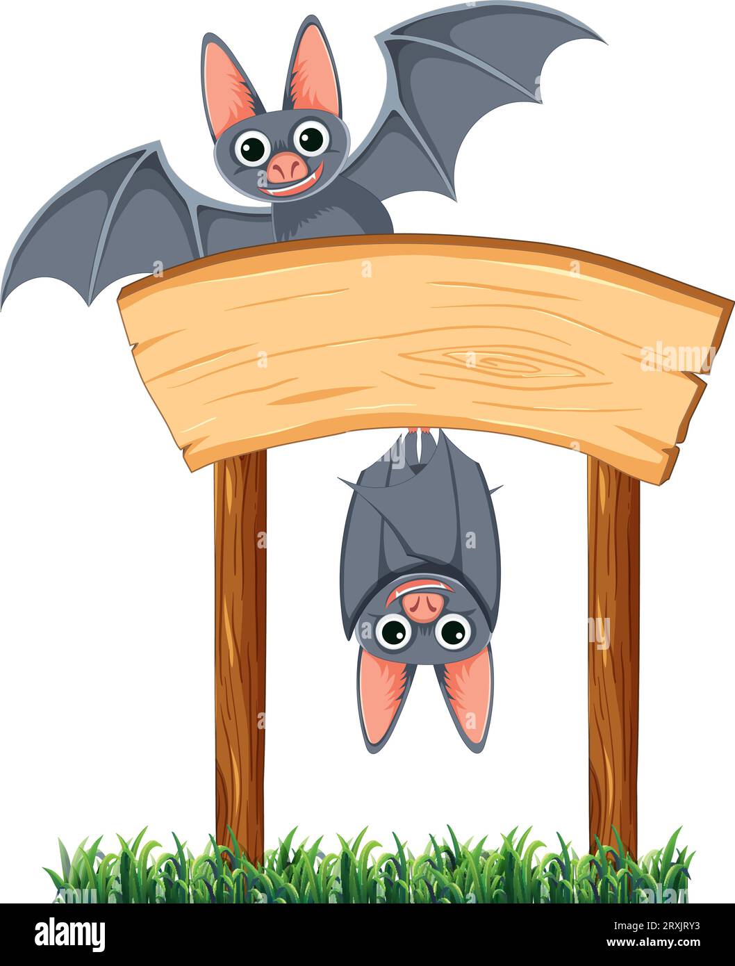 Vector cartoon illustration of bats in various poses near a wooden sign ...