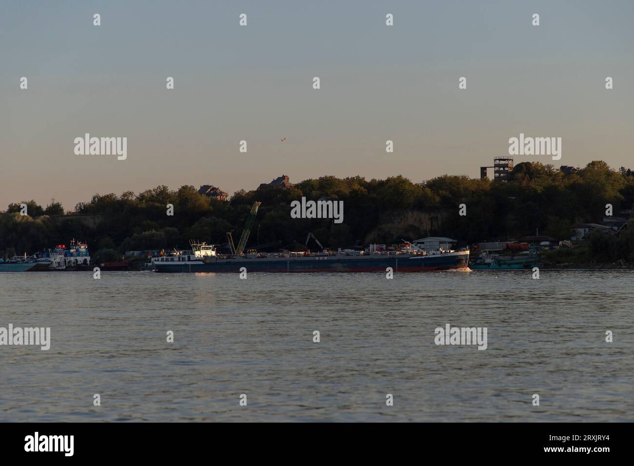 Belgrade, Serbia, Sep 2, 2023: Inland river barge TANGER sailing along ...