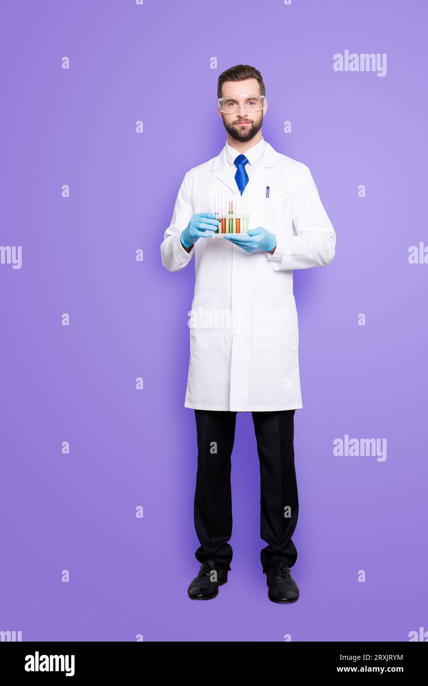 Full size fullbody portrait of attractive stylish scientist in white ...