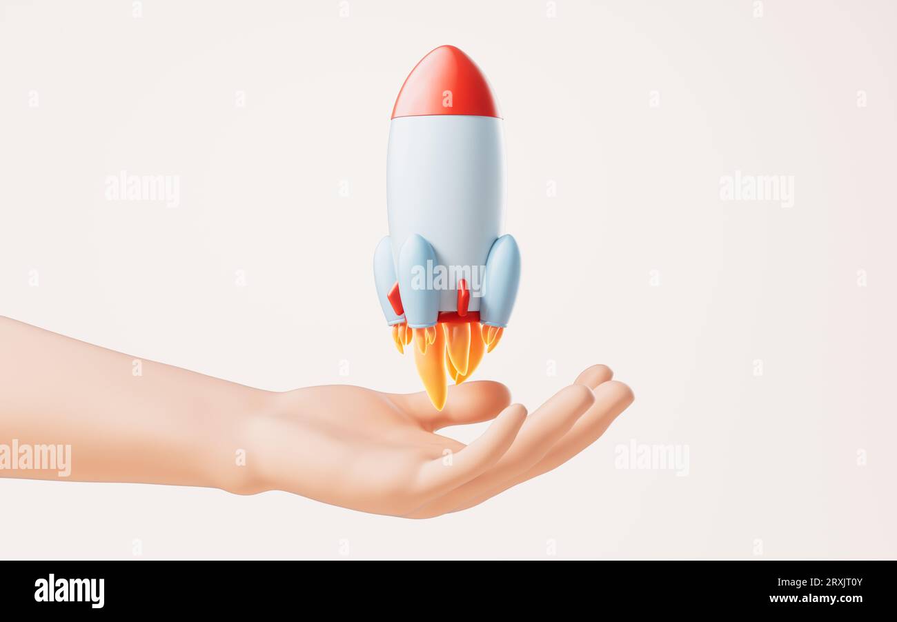 Cartoon rocket in a hand, 3d rendering. Digital drawing Stock Photo - Alamy