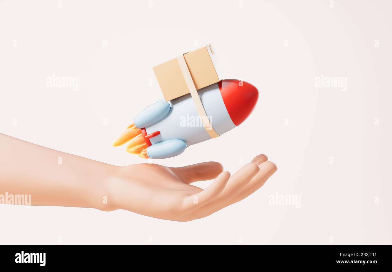 Cartoon rocket carrying a box in a hand, 3d rendering. Digital drawing ...