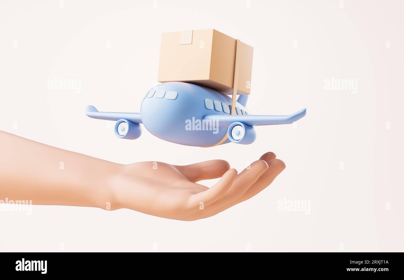 A cartoon plane carrying a box in a hand, 3d rendering. Digital drawing ...
