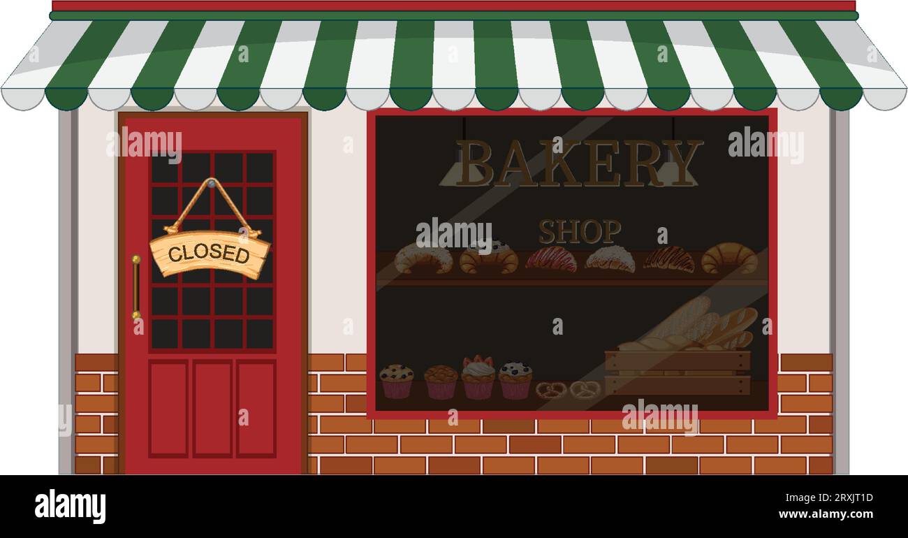 Illustration of a bakery shop with a closed sign on the door Stock ...