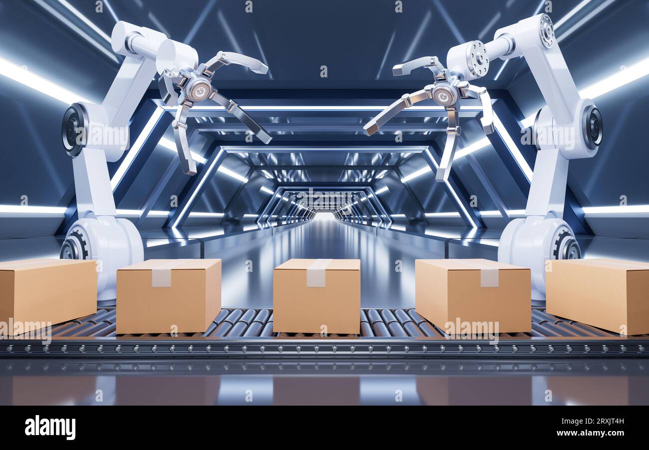 Packaging box and mechanical arm, 3d rendering. Digital drawing Stock ...