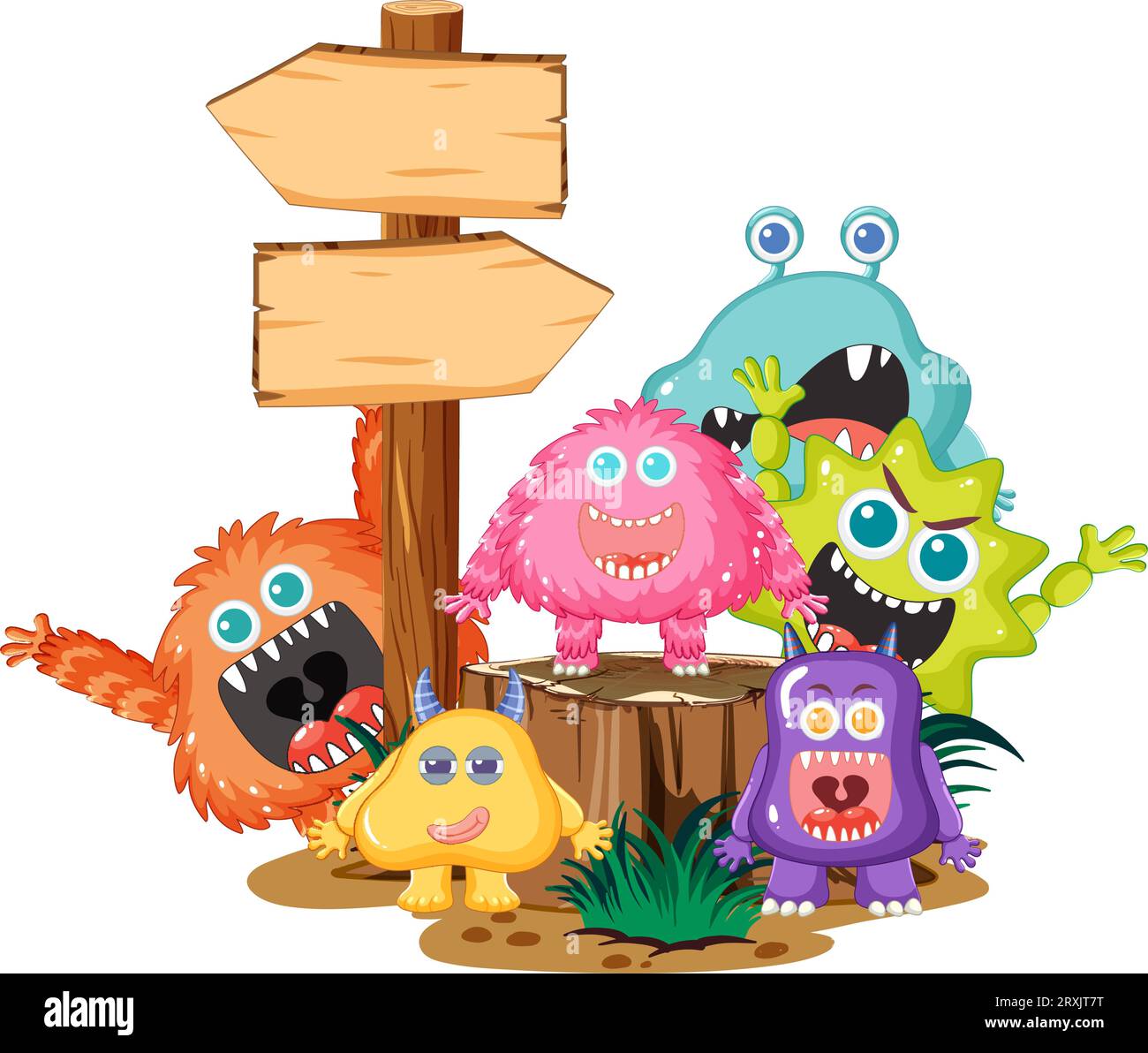 Colorful cartoon aliens holding a wooden sign with an arrow Stock ...