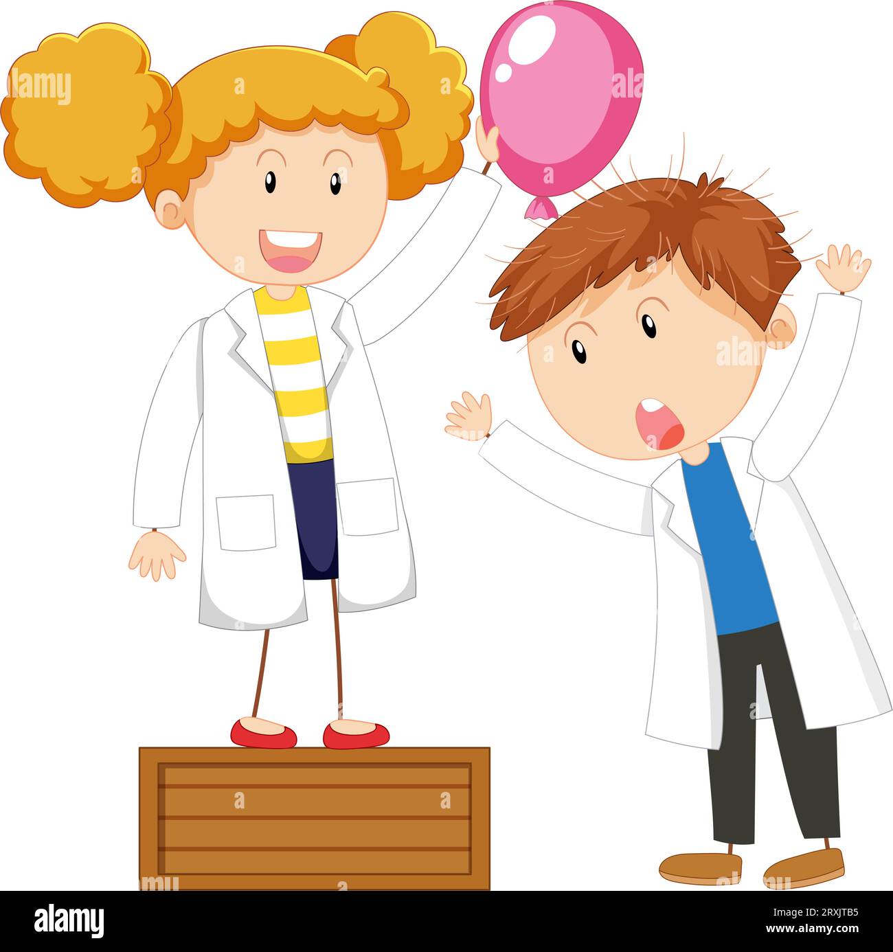 A charming cartoon scientist in a gown explores static electricity with ...