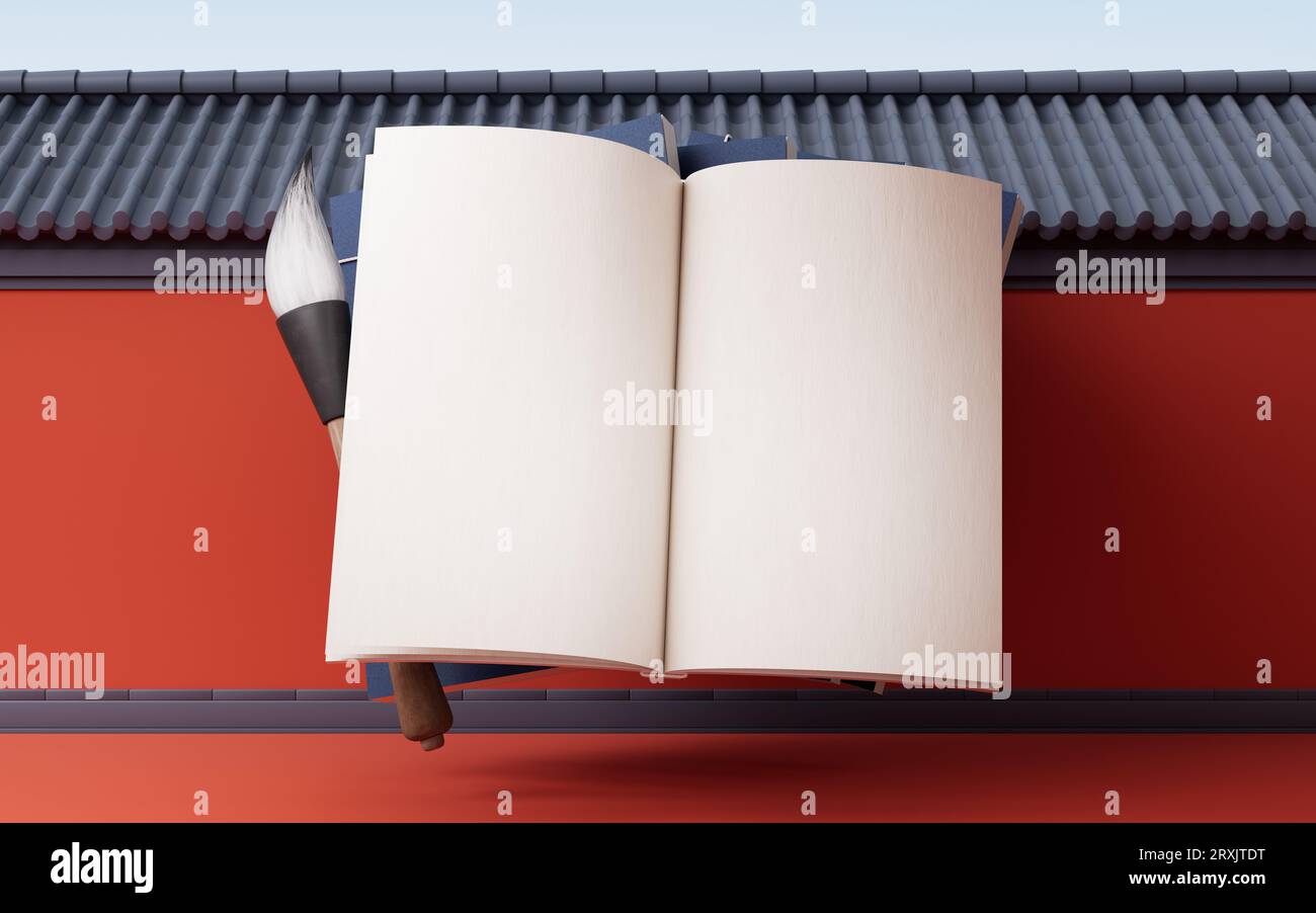 Ancient Chinese book and ink brush, 3d rendering. Digital drawing Stock ...