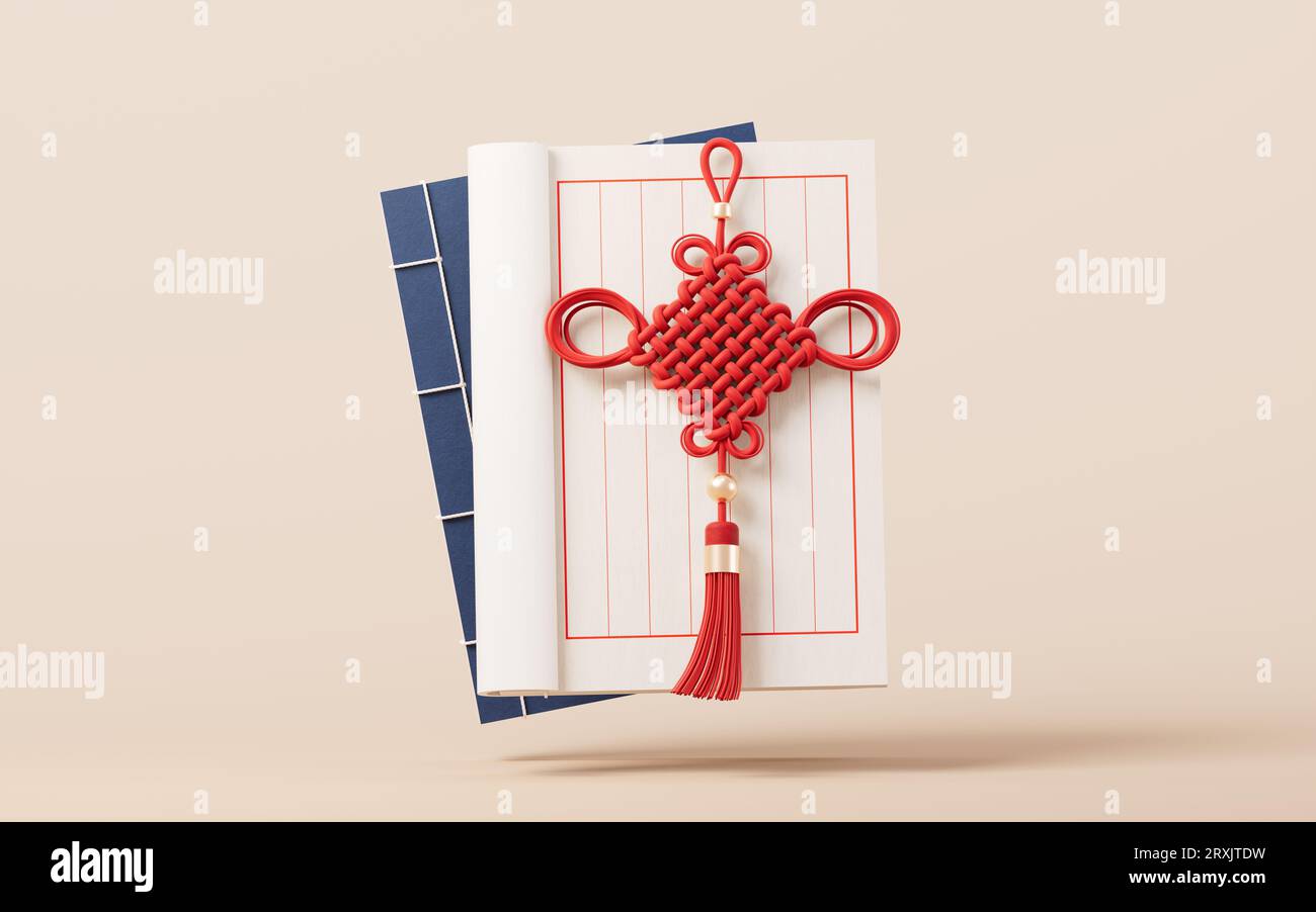 Ancient Chinese book and Chinese knot handicraft, 3d rendering. Digital ...