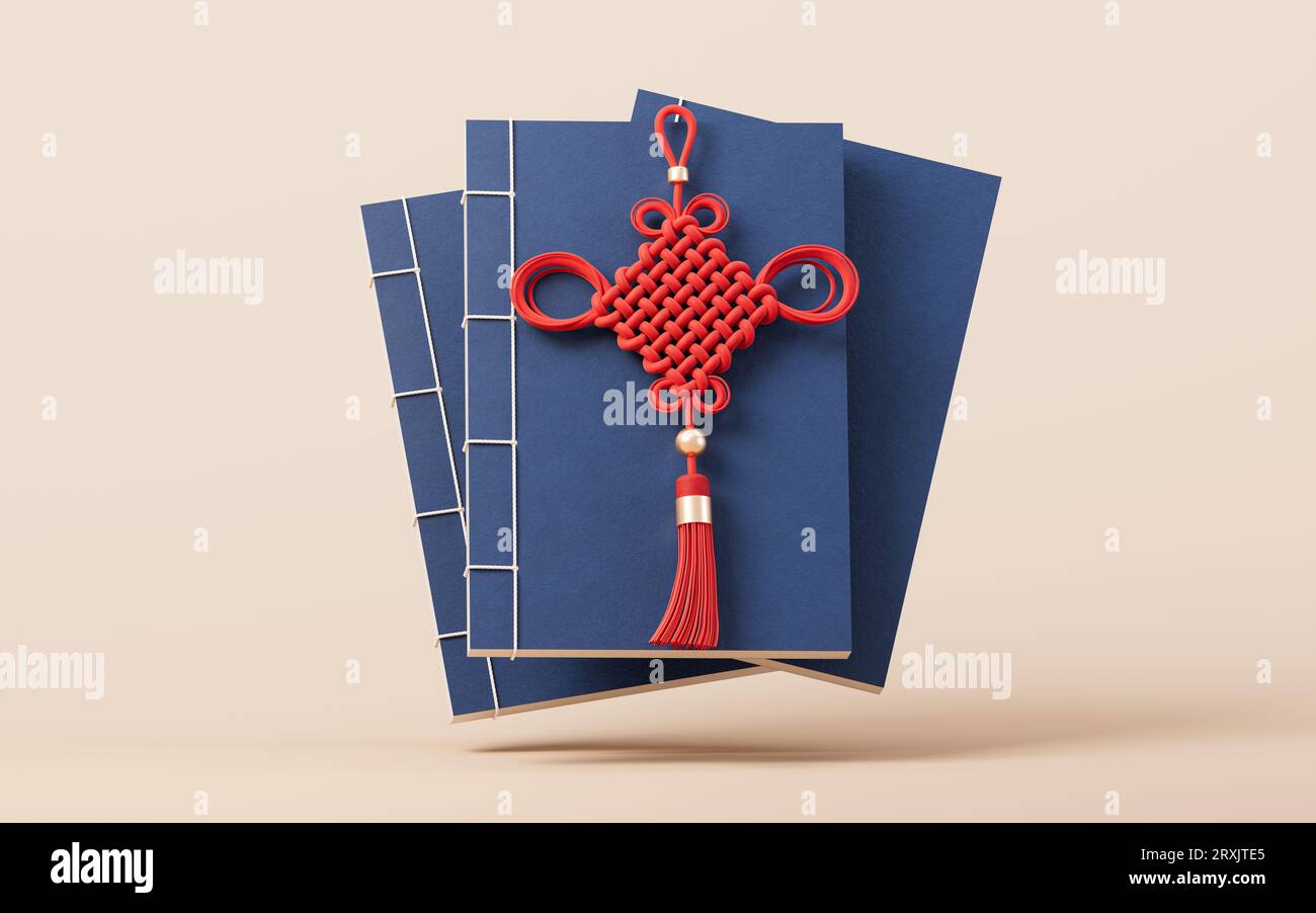 Ancient Chinese book and Chinese knot handicraft, 3d rendering. Digital ...