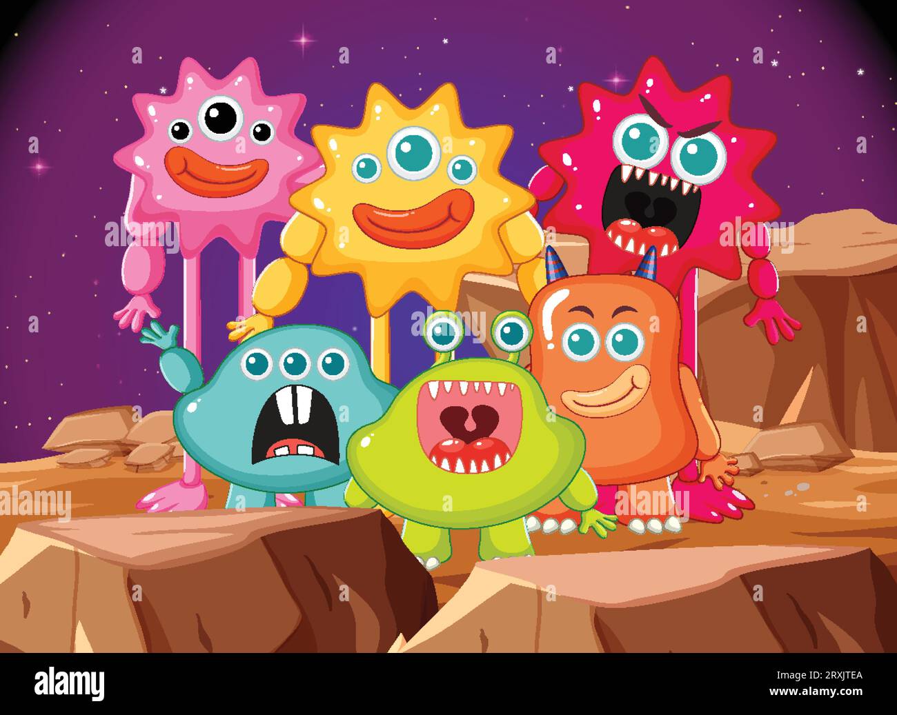 Colorful cartoon characters of adorable alien monsters against a space ...