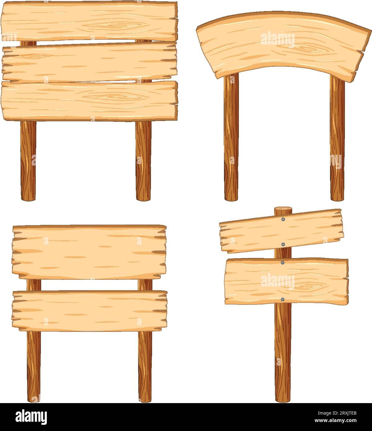 Vector cartoon illustration of a set of four blank wooden sign boards ...