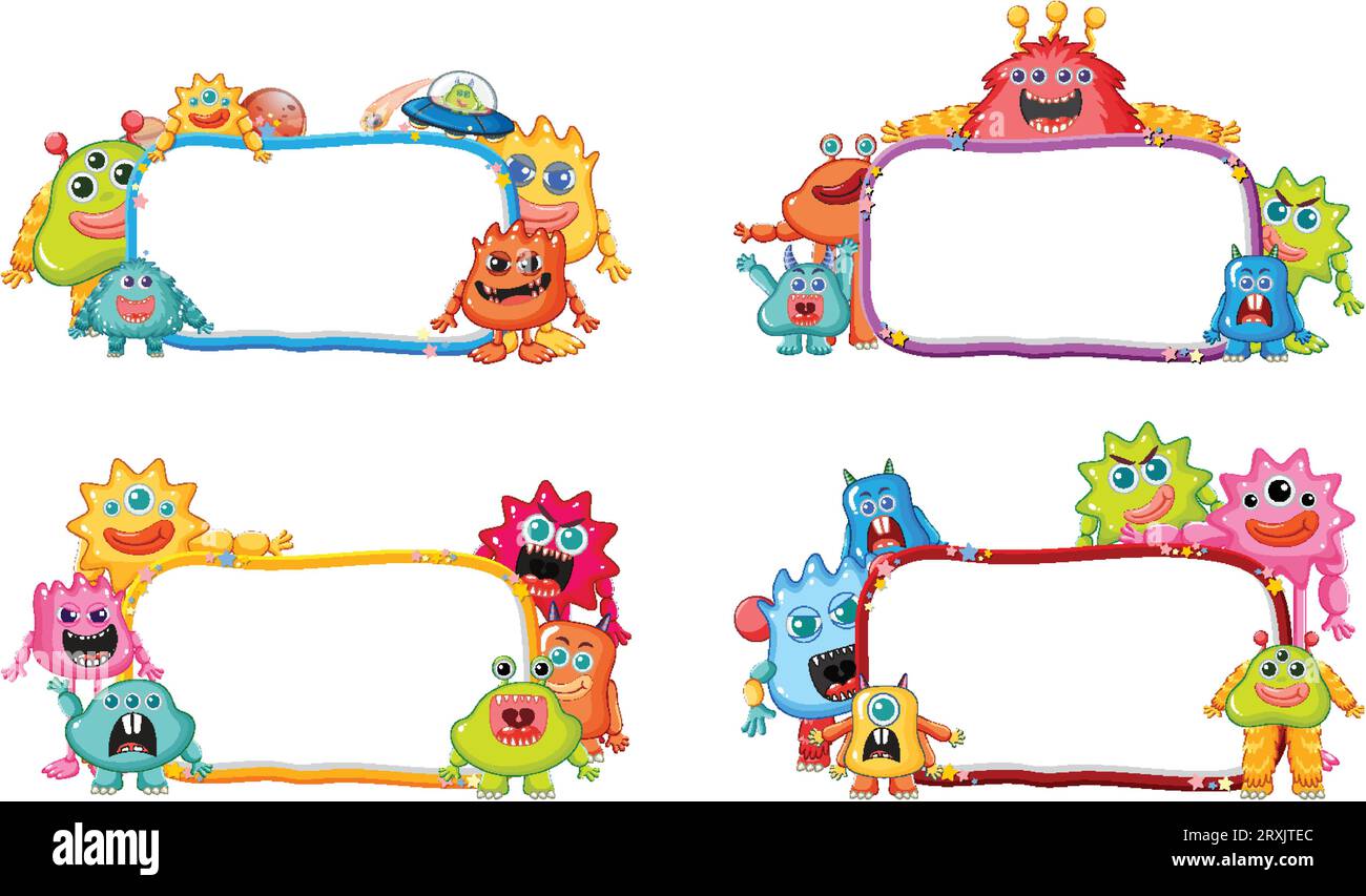 A set of adorable alien creatures standing beside a frame board ...