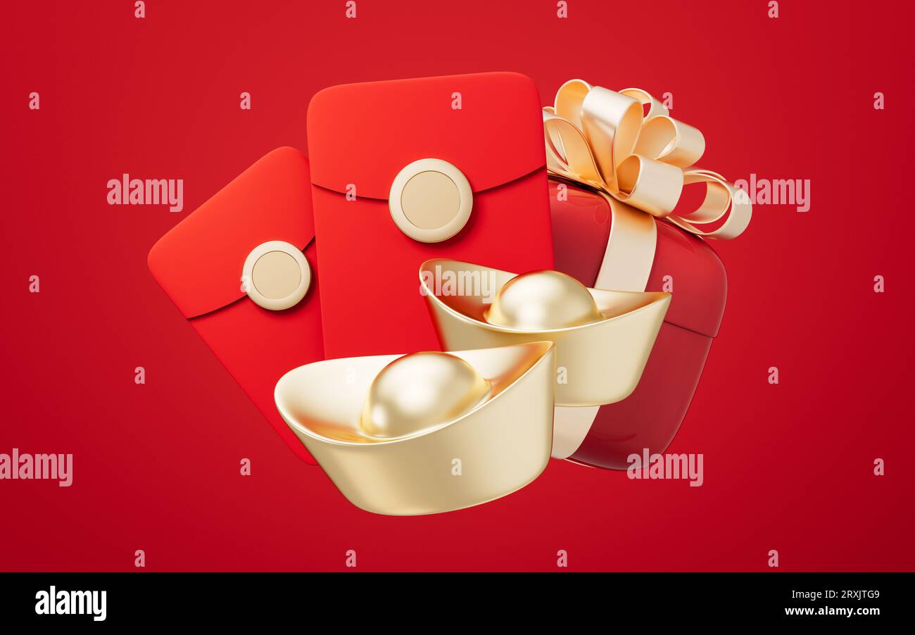 Gift box and ancient Chinese gold ingot, 3d rendering. Digital drawing ...