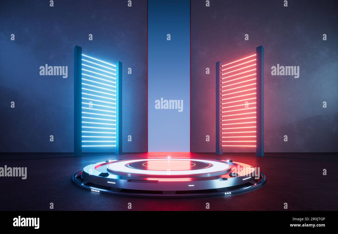 Dark room with glowing neon lights, 3d rendering. Digital drawing Stock ...