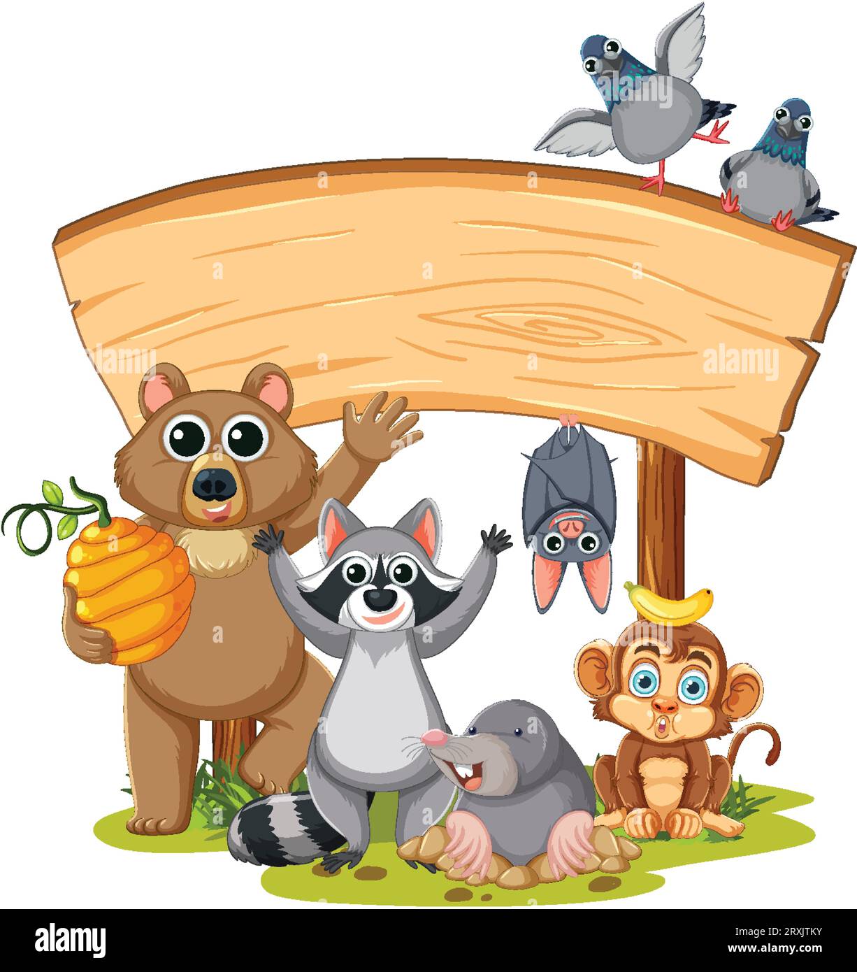 Vector cartoon illustration of animals gathered under a wooden ...