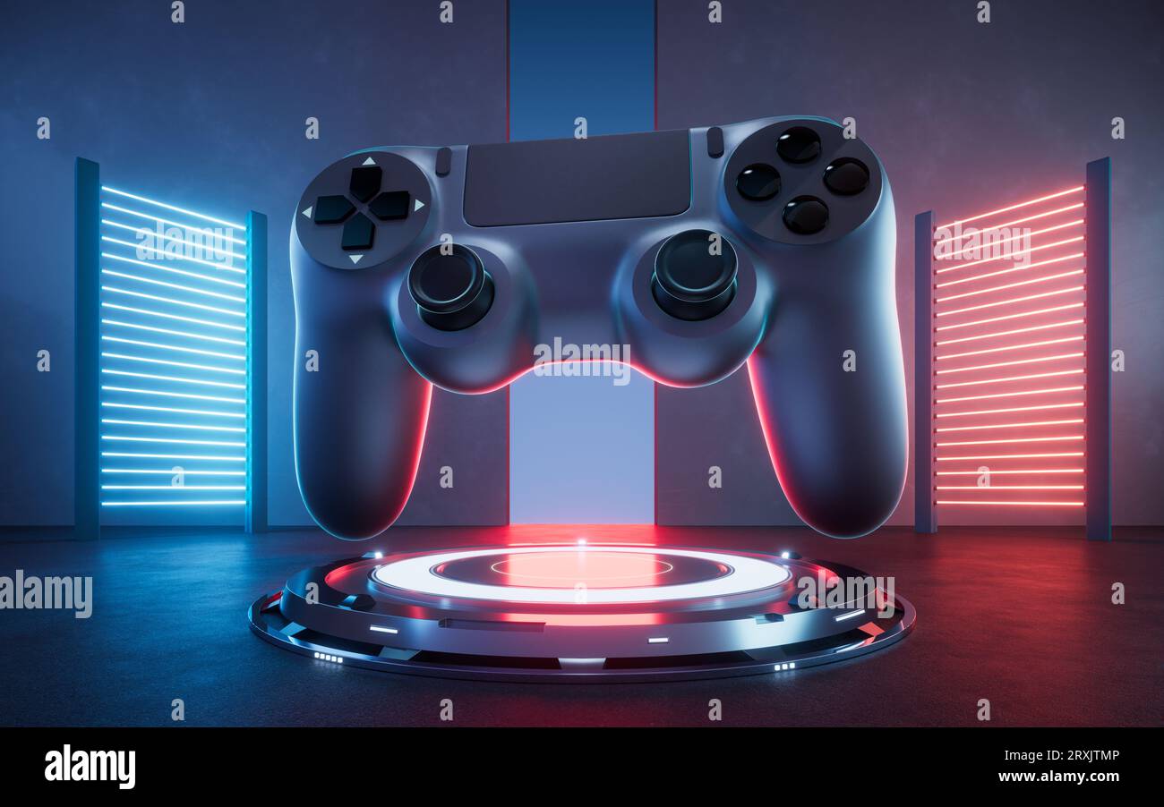 Gamepad with glowing neon lights background, 3d rendering. Digital ...