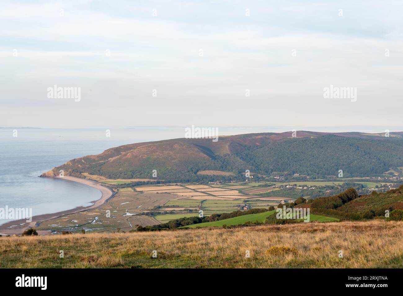 View from the top of Porlock Hill of Bossington beach and Hurlstone ...