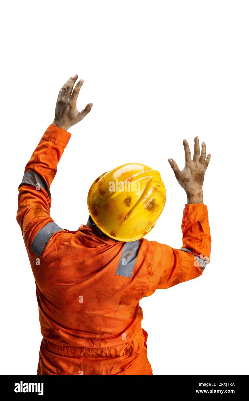 Rear view of a scary construction worker zombie with blood and wounds ...