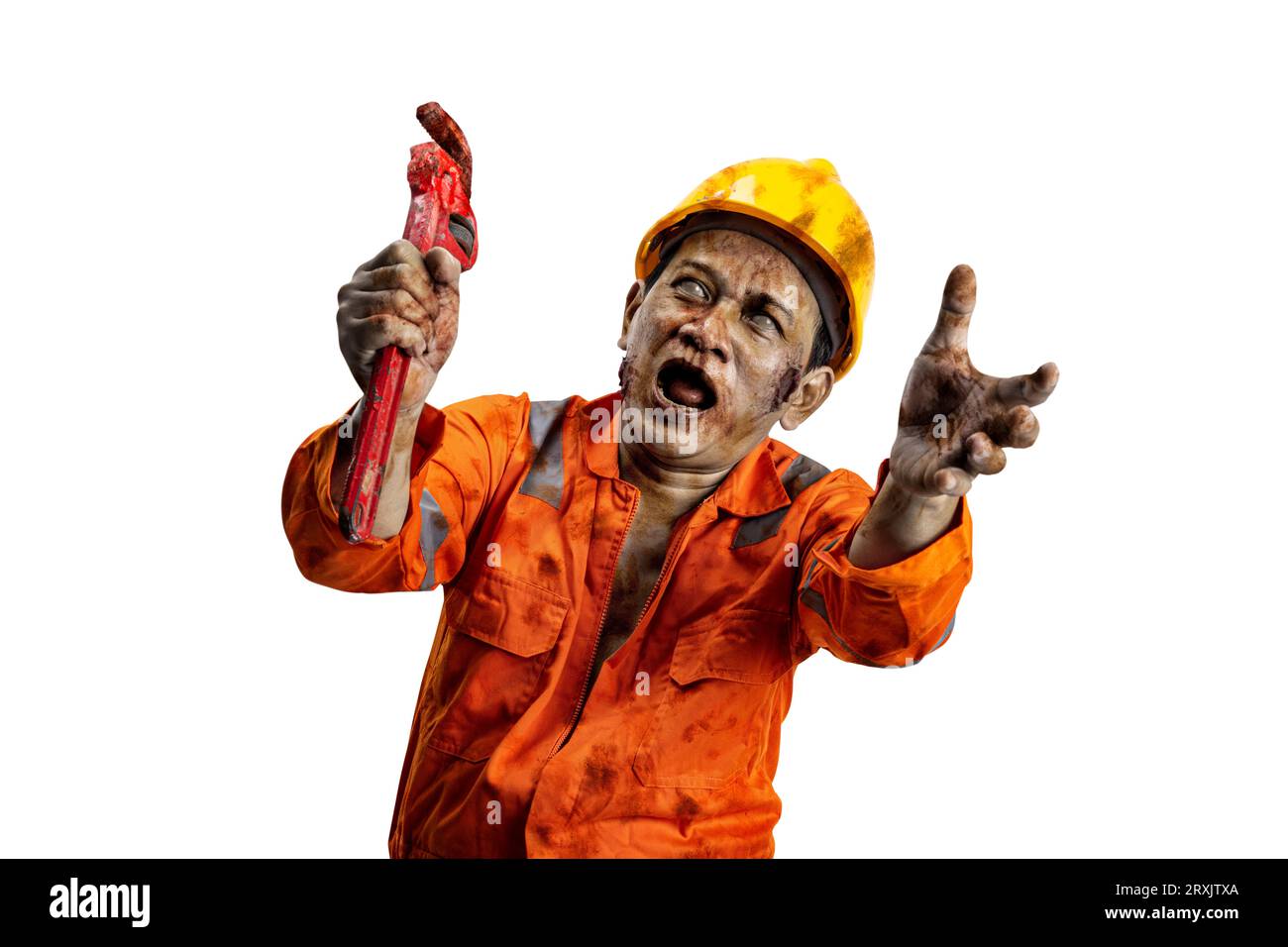 A scary construction worker zombie with blood and wounds on his body ...