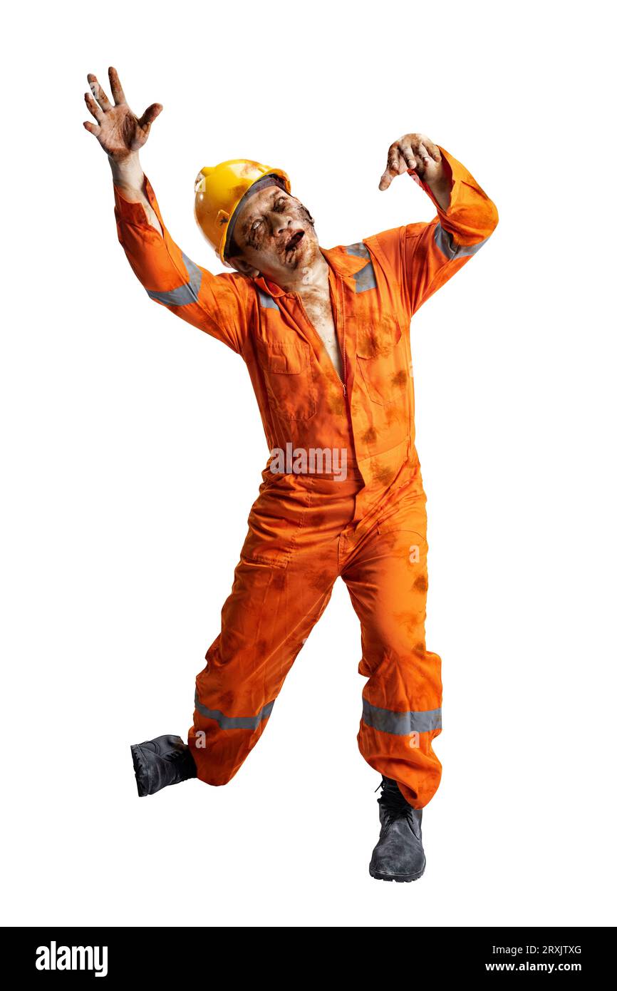 A scary construction worker zombie with blood and wounds on his body ...